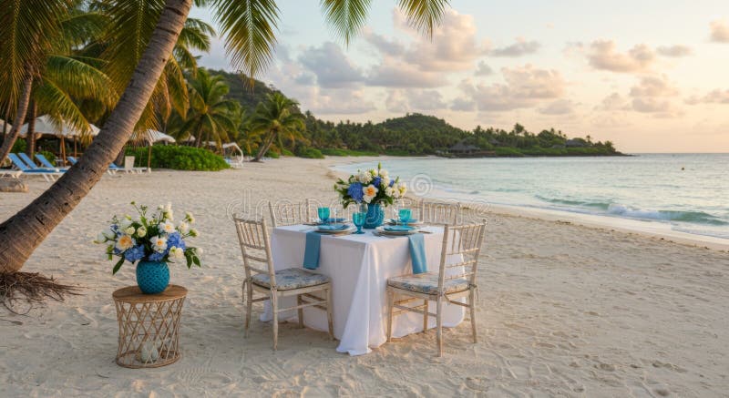 Romantic Beach Dinner Setting at Sunset Stock Illustration ...