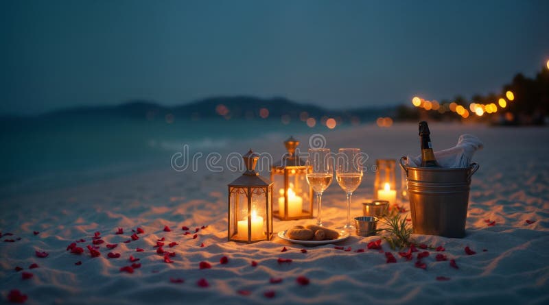 Romantic Beach Dinner Setup with Lanterns and Wine Under Starlit ...