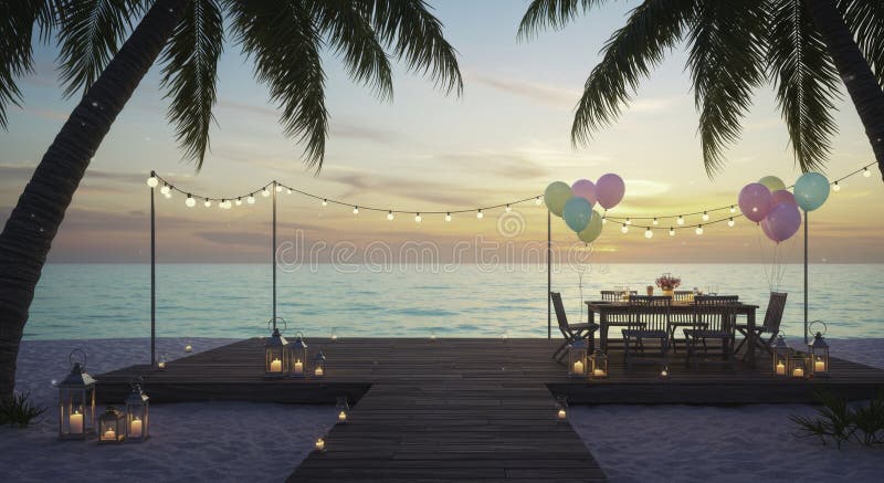 Romantic Beach Dinner Setup at Sunset Stock Illustration - Illustration ...
