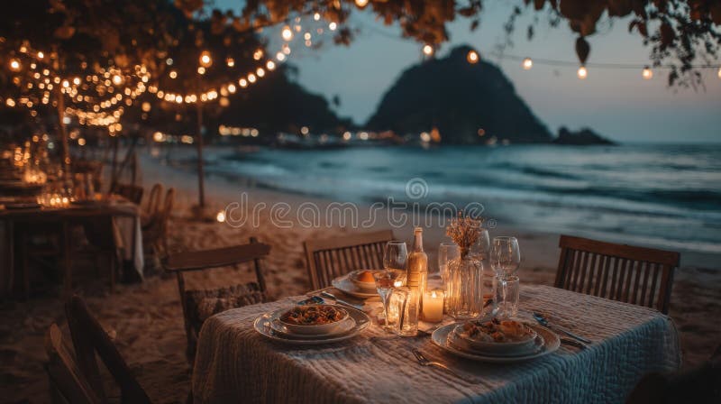 Romantic Beach Dinner at Sunset Stock Illustration - Illustration of ...