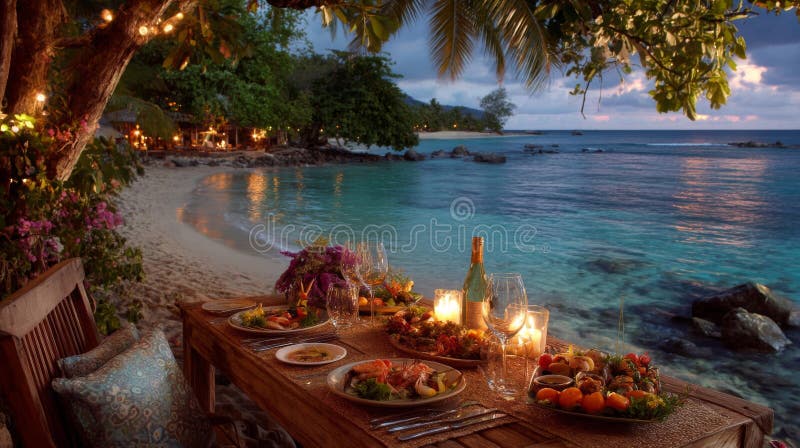 Romantic Beach Dinner at Sunset Stock Illustration - Illustration of ...