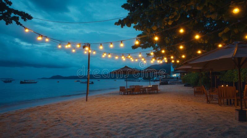 Romantic Beach Dinner Under String Lights at Night Stock Illustration ...