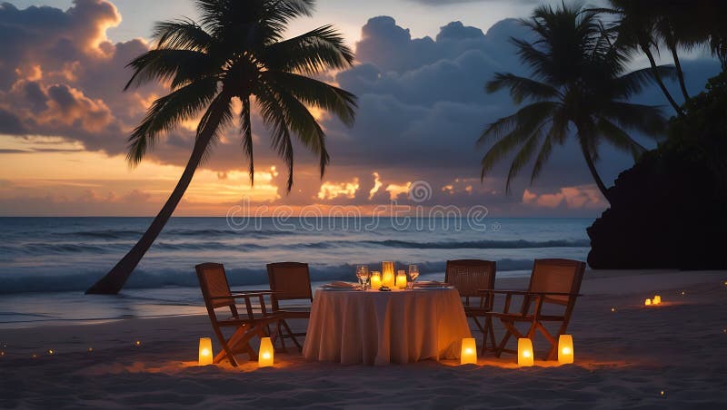 Romantic Beach Dinner Under a Tropical Sunset Stock Illustration ...