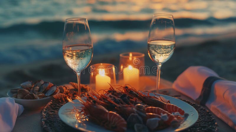 Romantic Beach Dinner with Wine, Seafood, and Candles Stock Image ...