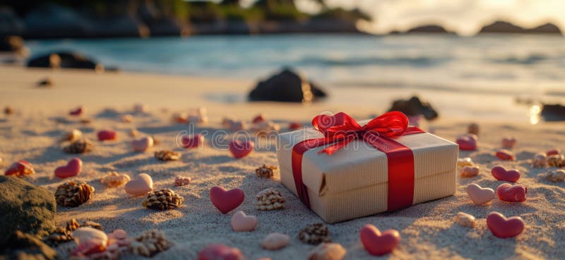 Romantic Beach Gift Box Surrounded by Hearts and Seashells at Sunset ...
