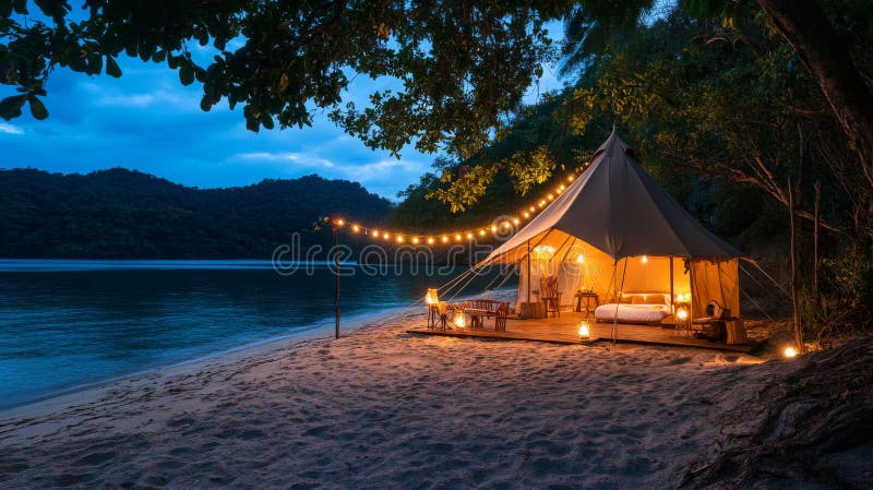 Romantic Beach Glamping at Night Under the Stars Stock Illustration ...