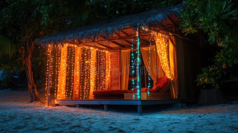 Romantic Beach Hut at Night Decorated with Warm Lighting Stock ...