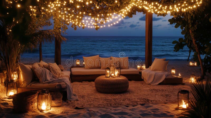 Romantic Beach Night Scene with String Lights and Cozy Seating Stock ...