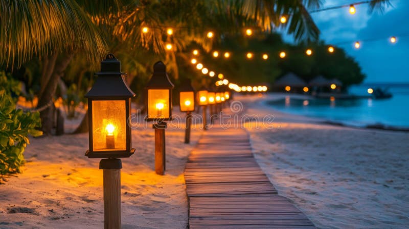 Romantic Beach Path Lit by Lanterns at Night Stock Illustration ...