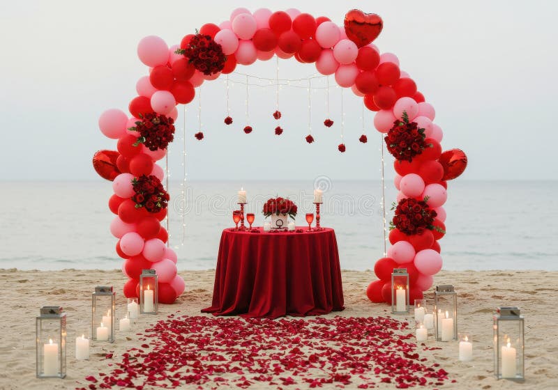 Romantic Beach Proposal Setup with Balloons Roses and Candles Stock ...