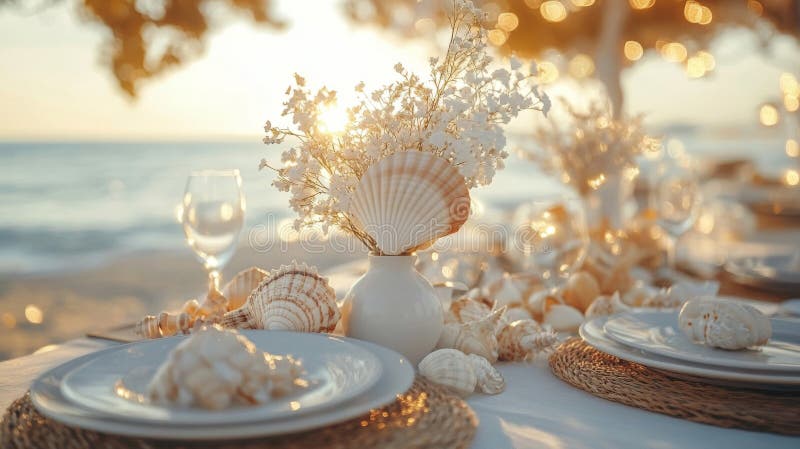 Romantic Beach Seashell Wedding Table Setting Decor Stock Illustration ...