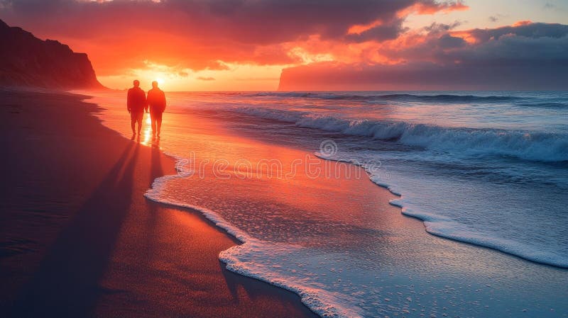 Romantic Beach Stroll at Sunset with Vibrant Sky and Reflections Stock ...