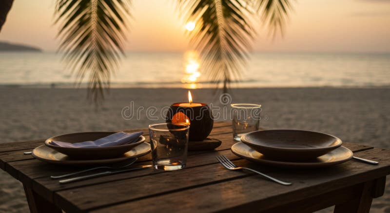 Romantic Beach Sunset Dinner with Candlelight Stock Illustration ...