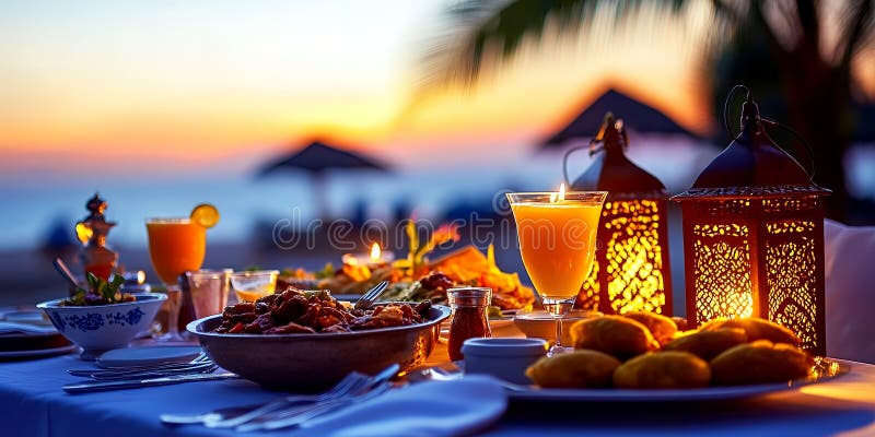 Romantic Beach Sunset Dinner Delicious Food Drinks Lanterns Stock ...