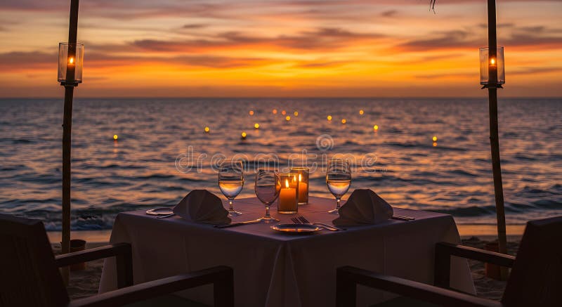 Romantic Beach Sunset Dinner: Intimate Candlelit Table for Two Stock ...