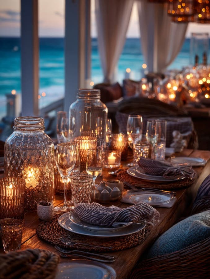 Romantic Beach Sunset Dinner Table Setting Stock Illustration ...