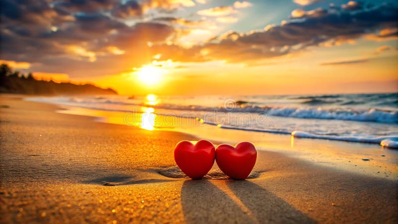 Romantic Beach Sunset with Two Red Hearts Stock Illustration ...