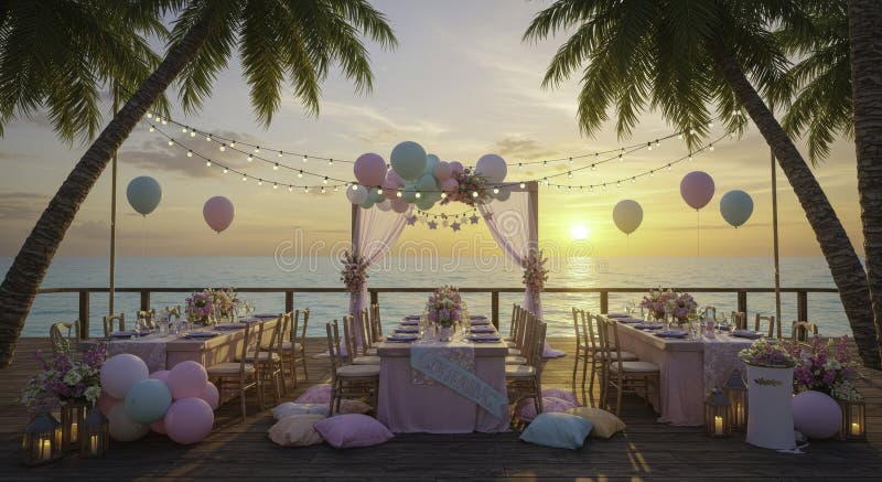 Romantic Beach Sunset Wedding Reception Decor Stock Illustration ...