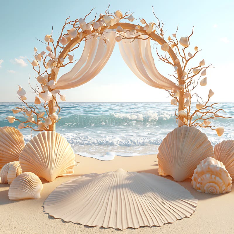 Romantic Beach Wedding Arch Decorated with Shells and Sheer Fabric ...