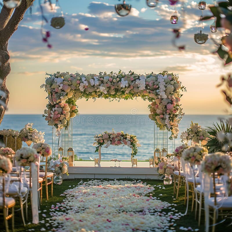 Romantic Beach Wedding Ceremony Setup with Floral Arch and Aisle Stock ...