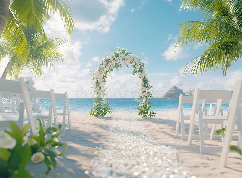 Romantic Beach Wedding Ceremony Setup White Floral Arch Chairs and ...