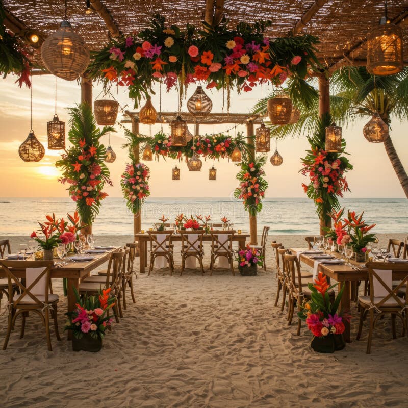 Romantic Beach Wedding Reception at Sunset Stock Illustration ...