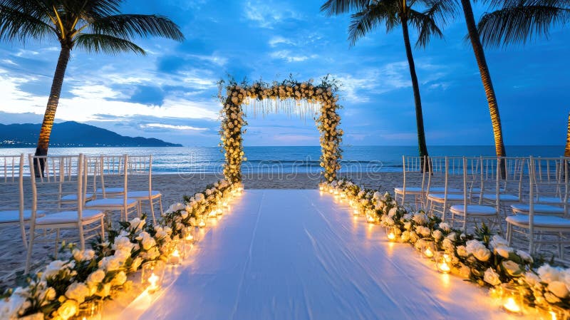 Romantic Beach Wedding Setup with Floral Arch Stock Illustration ...
