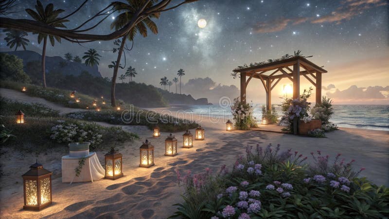 Romantic Beach Wedding Setup at Sunset Under Starry Night Sky Stock ...