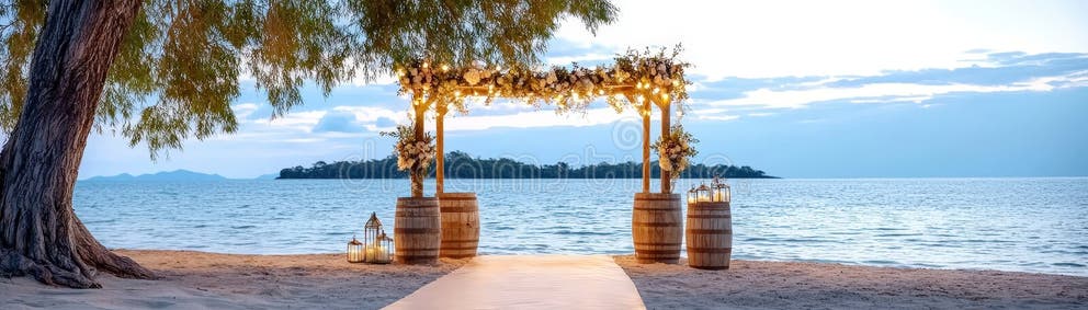 Romantic Beach Wedding Setup Under String Lights with Scenic Ocean View ...