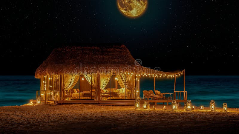 Romantic Beachfront Cabana Under a Full Moonlit Sky Stock Illustration ...