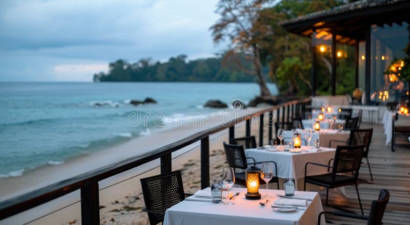 Romantic Beachfront Dining Setup at Twilight in a Tropical Destination ...