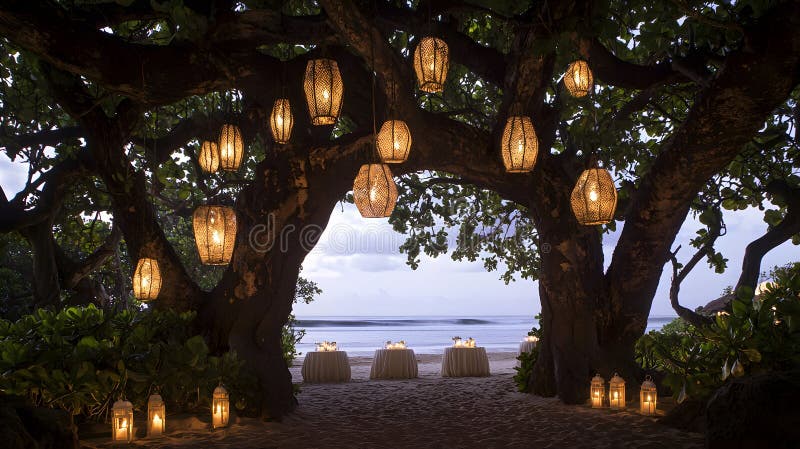 Romantic Beachfront Dinner Setting Under Illuminated Tree with Lanterns ...