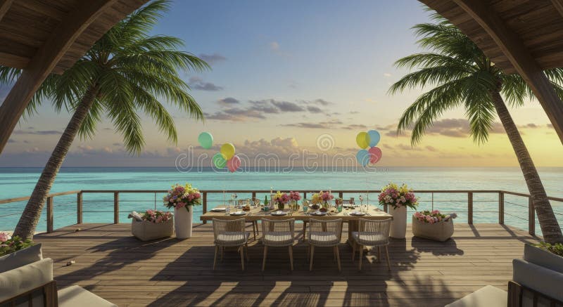Romantic Beachfront Dinner Setup at Sunset Stock Illustration - Illustration of wooden, luxury ...