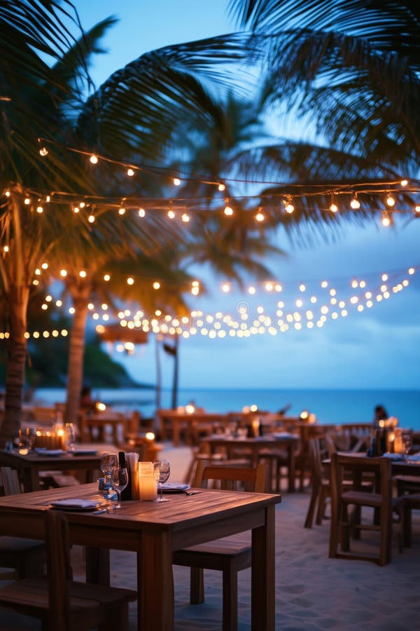 Romantic Beachside Dining Experience with String Lights, Palm Trees ...