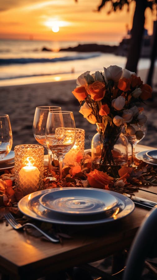 Romantic Beachside Dining Wedding Setup Sunset Stock Illustration - Illustration of breathtaking ...