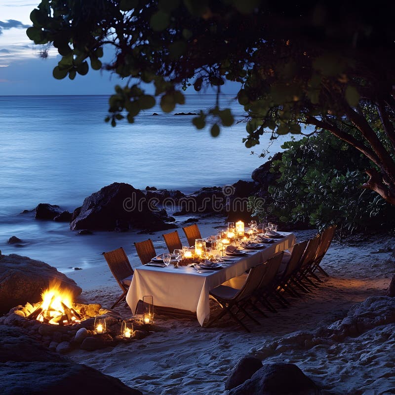 Romantic Beachside Dinner Candlelit Table and Bonfire at Twilight Stock ...