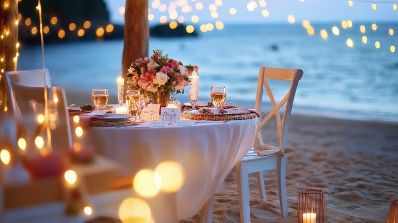 Romantic Beachside Dinner Setup with Beautifully Decorated Table, Soft ...
