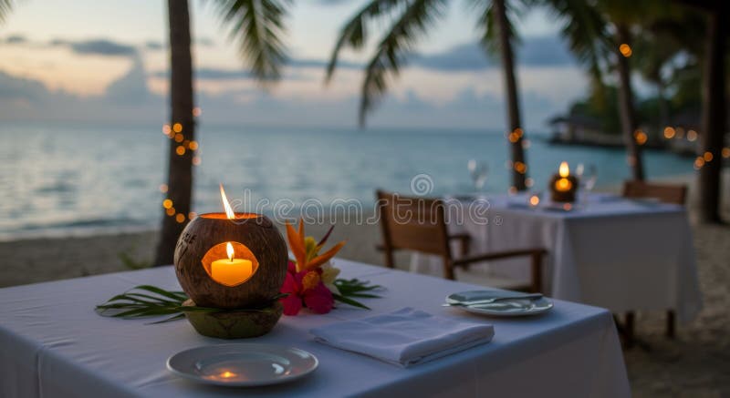 Romantic Beachside Dinner at Sunset Stock Illustration - Illustration ...