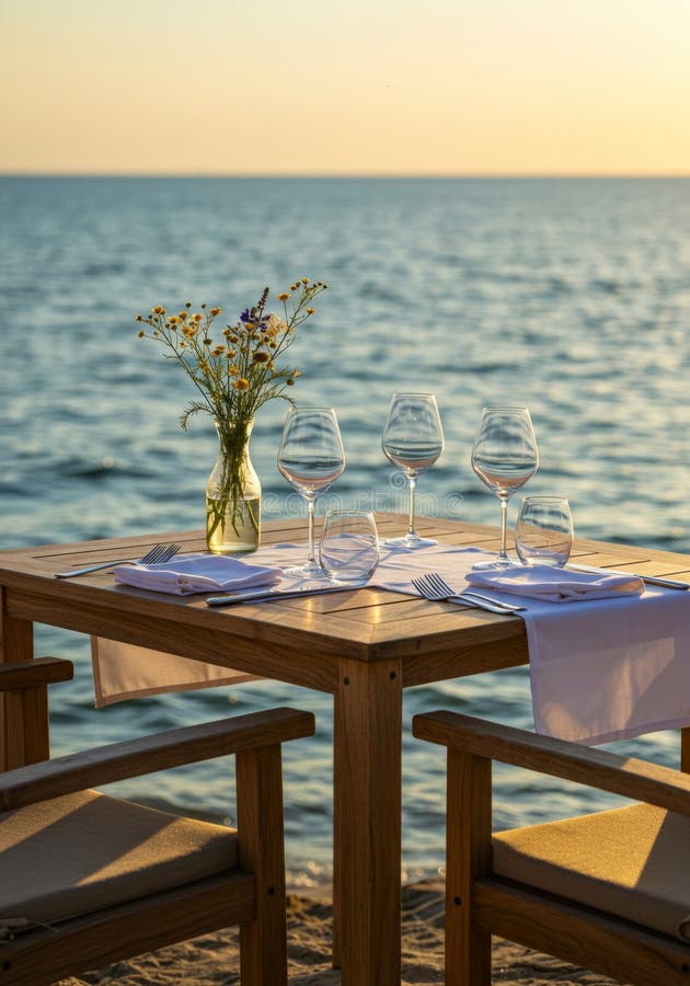 Romantic Beachside Dinner Sunset Table Setting Stock Photo - Image of calm, restaurant: 381482596