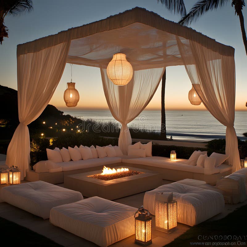 Romantic Beachside Sunset Lounge with Fire Pit and Lanterns Stock ...