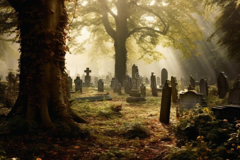 A Romantic Beautiful Graveyard Stock Illustration - Illustration of ...