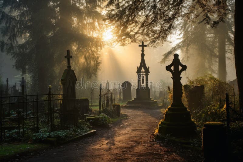 A Romantic Beautiful Graveyard Stock Illustration - Illustration of ...