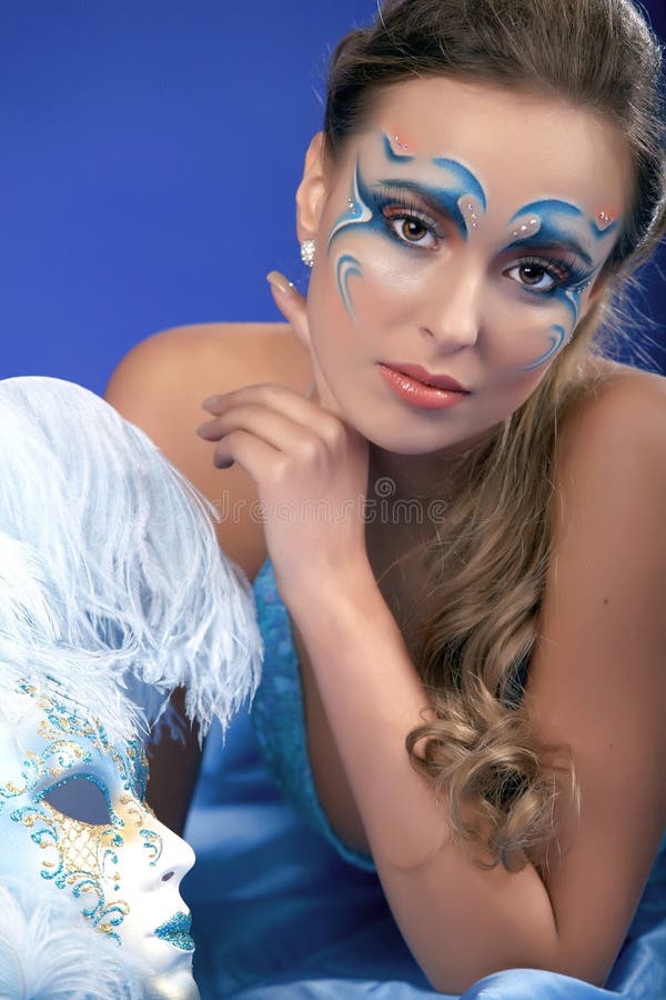 Romantic Beauty in Blue with Carnival Mask Stock Photo - Image of mask ...