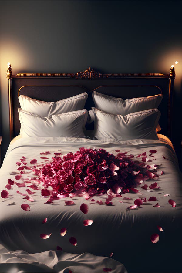 Romantic Bed with Rose Petals and Pillows. 3d Rendering Stock ...