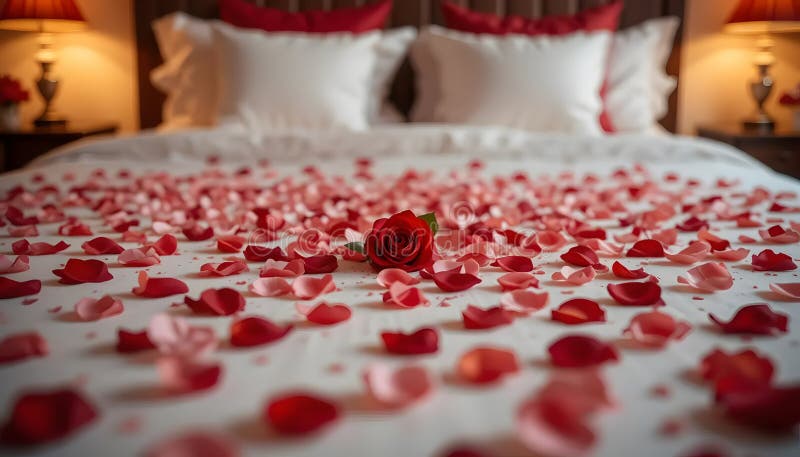 Romantic Bed with Rose Petals and Single Rose. Generative AI Stock ...