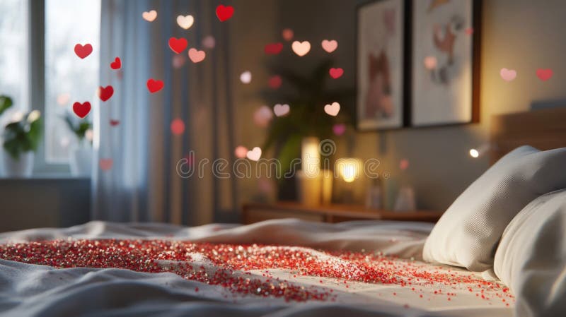 A Romantic Bed Scene with Falling Hearts and Scattered Red Sequins ...