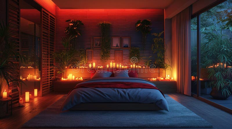 A Romantic Romantic Bedroom Bedroom with Candles and Lights Stock Photo ...