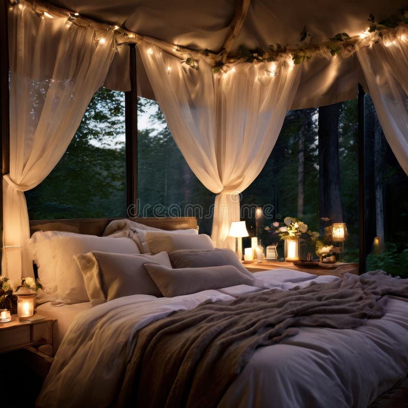 Romantic Bedroom Canopy Bed Warm String Lights Stock Photos - Free ...