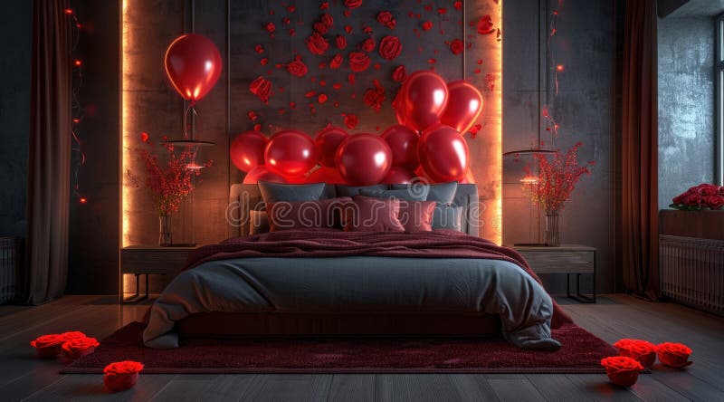 Romantic Bedroom Design with Balloons and Roses Stock Illustration ...