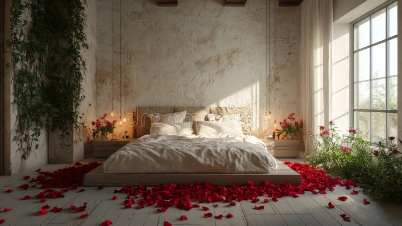 Romantic Bedroom Design with Rose Petals on the Floor Stock ...